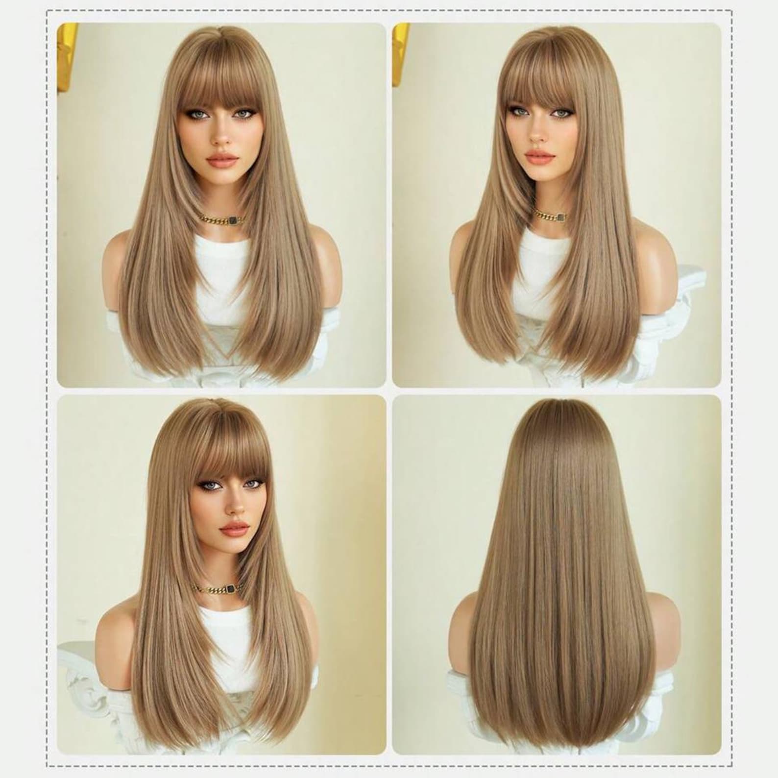 Linen Brown Layered Wig With Bangs, Natural Long Ash Brown Synthetic ...