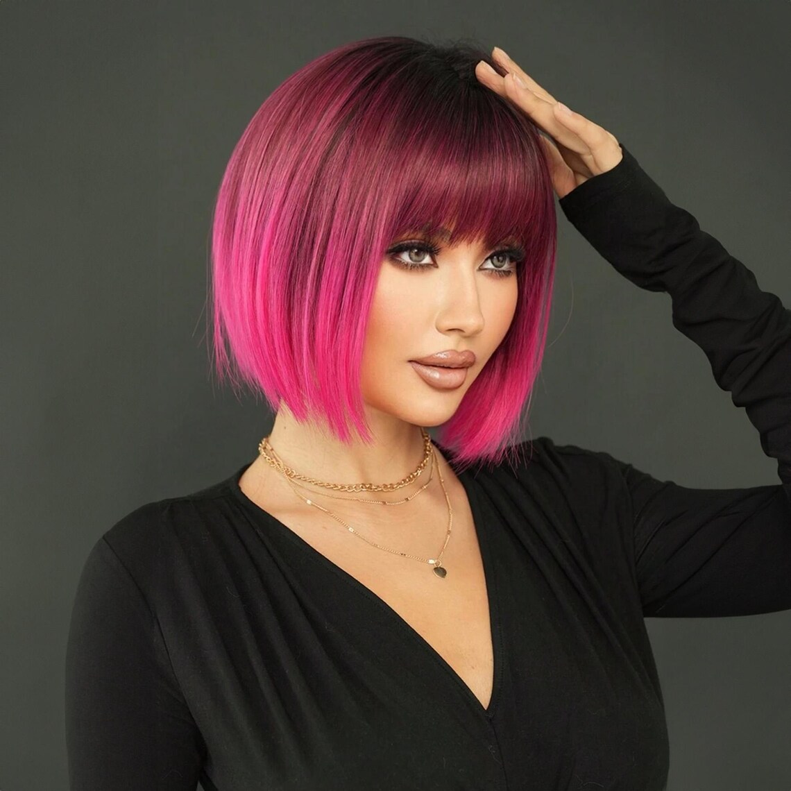 Rose Red Wig, Short Wig, Short Bob Wig, Red Wig, Wig With Bangs ...