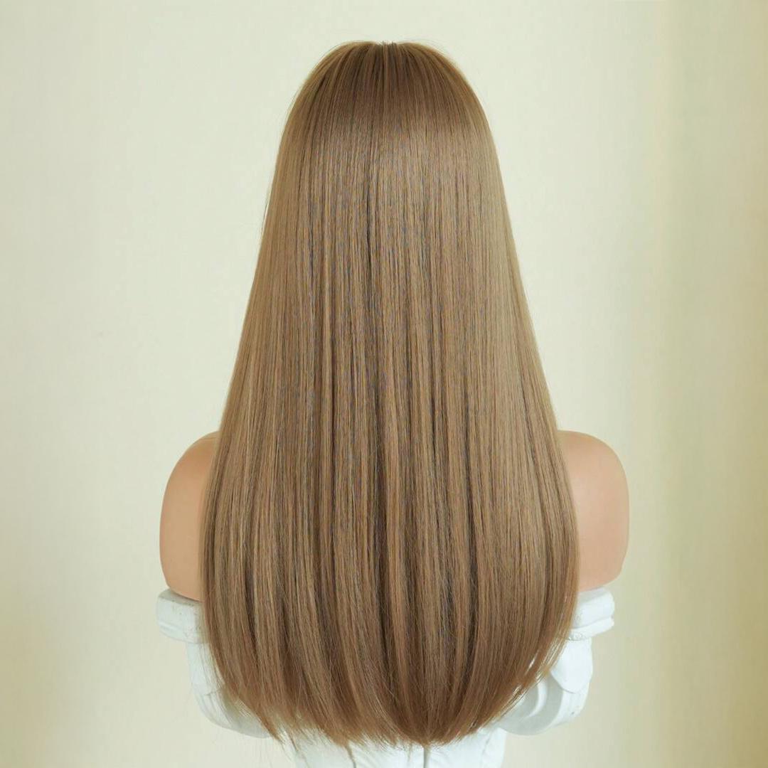 Linen Brown Layered Wig With Bangs, Natural Long Ash Brown Synthetic ...