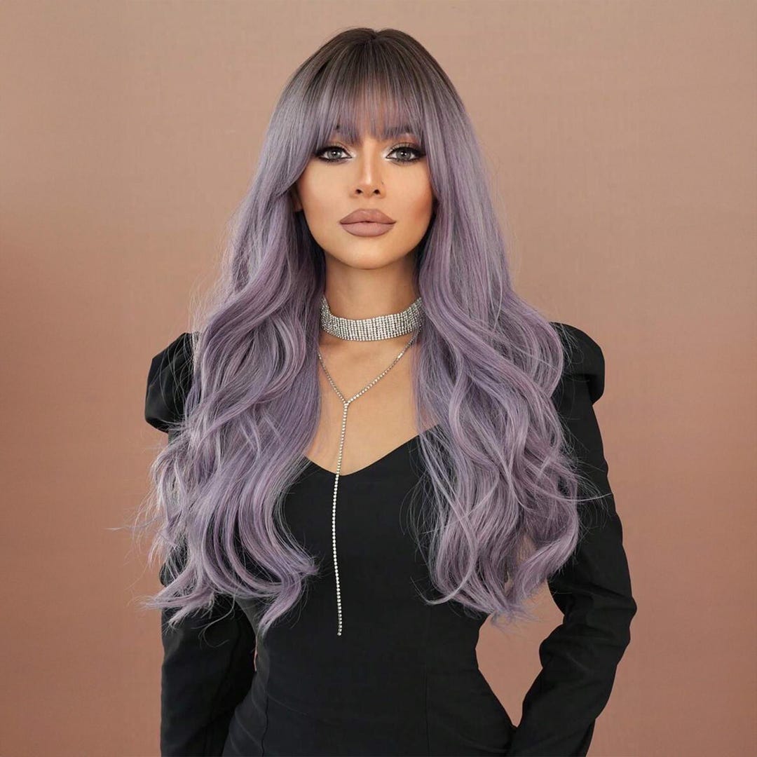 Long Wavy Purple Wig, Wig With Bangs, Purple Wig, Long Purple Wig ...