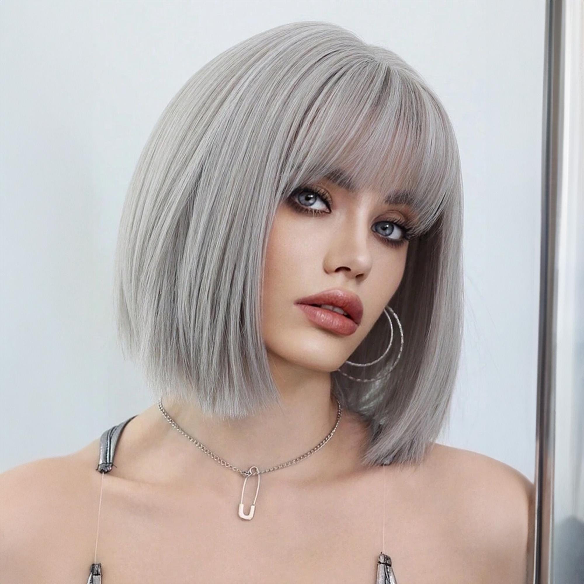 Grey Bob Wig, Grey Wig, Short Wig, Short Bob Wig, Wig With Bangs ...