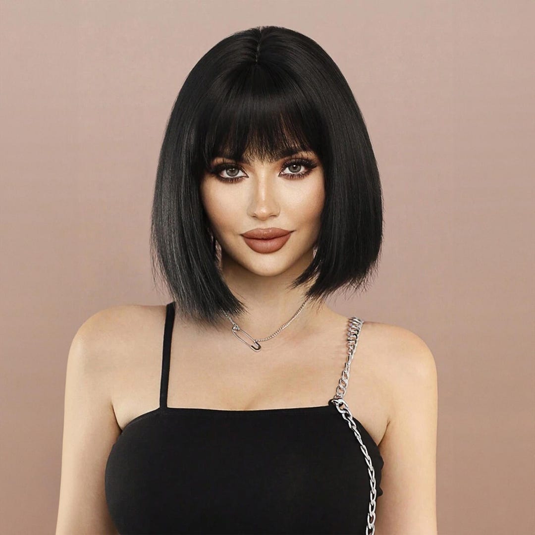 Black Wig, Short Black Wig, Short Wig, Short Bob Wig, Wig With Bangs ...