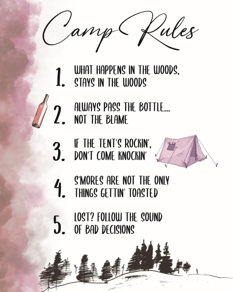 Camping Rules Sign, Camping Bachelorette Party, Camping Trip, Party ...