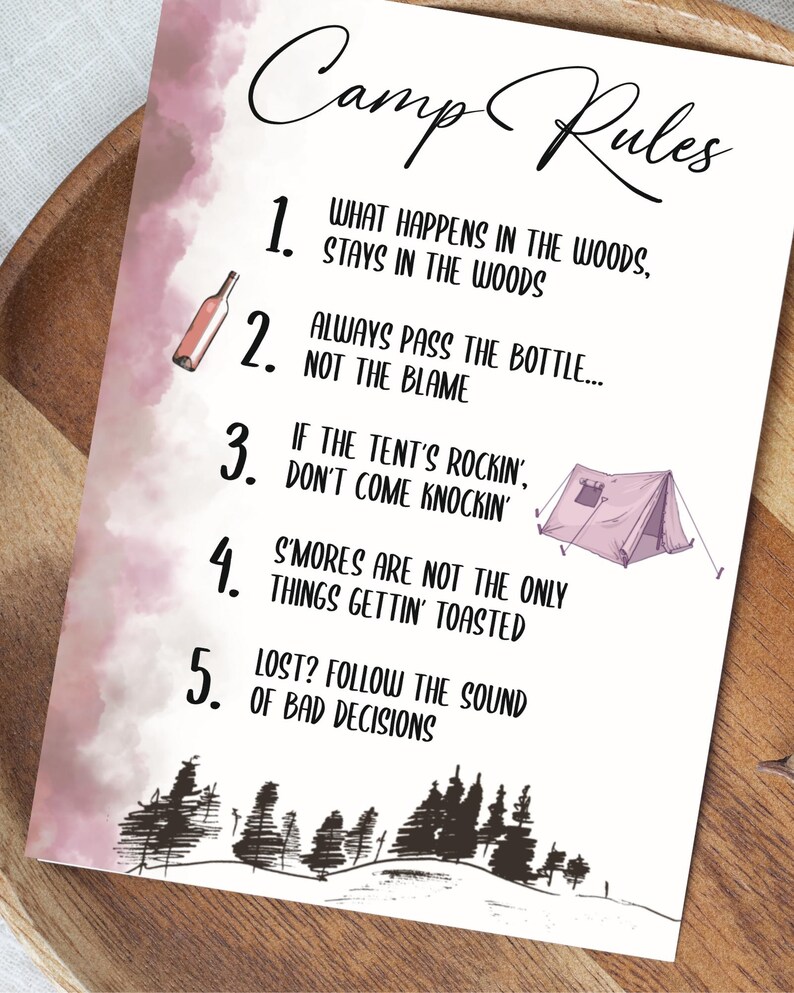 Camping Rules Sign, Camping Bachelorette Party, Camping Trip, Party ...