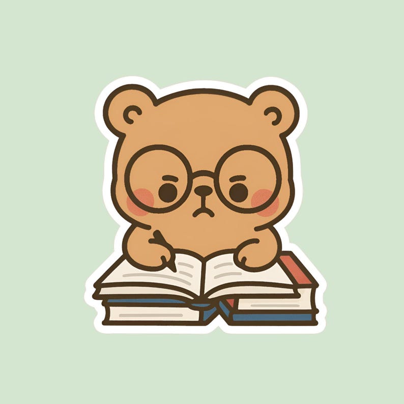 Study Bear Sticker – Cute Kawaii Bear Reading Book Vinyl Decal ...