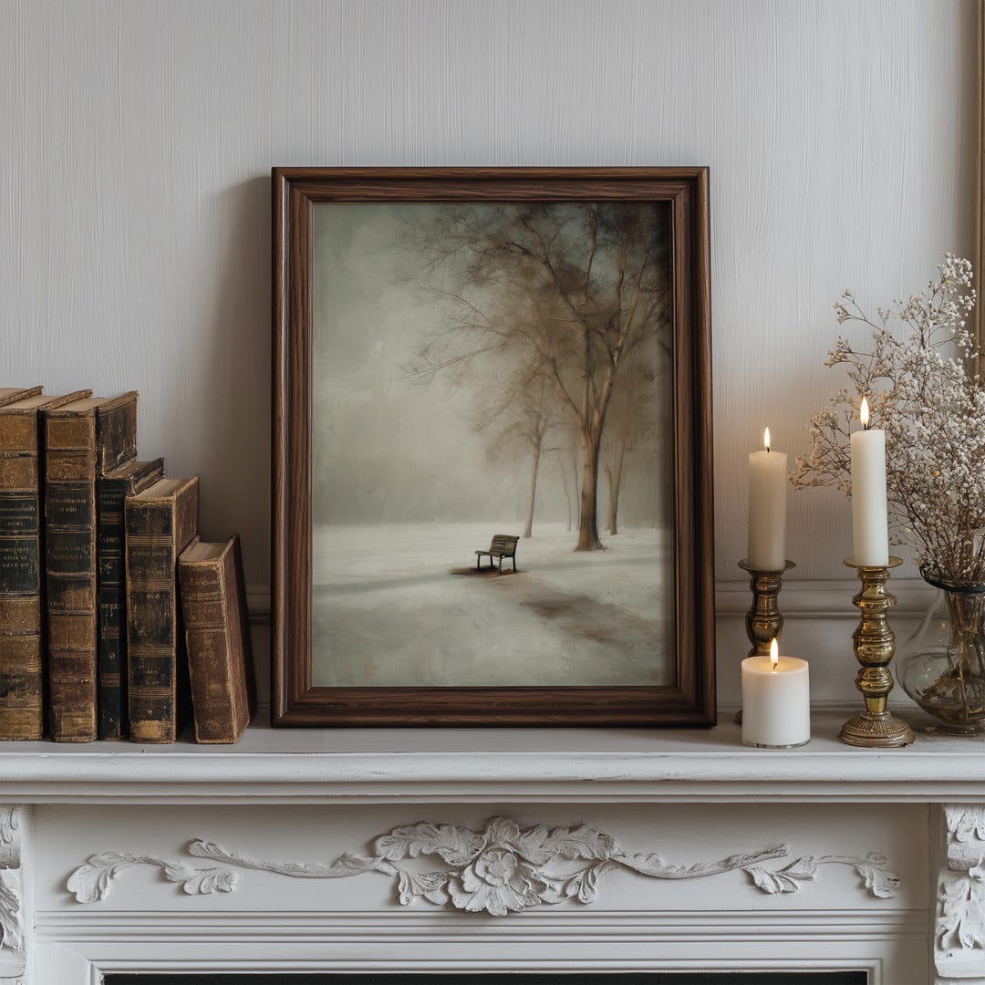 Winter Landscape Wall Art, Snowy Park Bench Print, Moody Minimal Nature ...