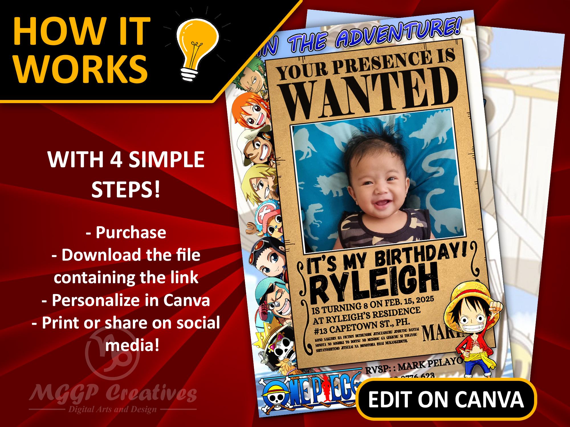 One Piece Anime Wanted Poster Birthday Invitation Template Card Digital ...