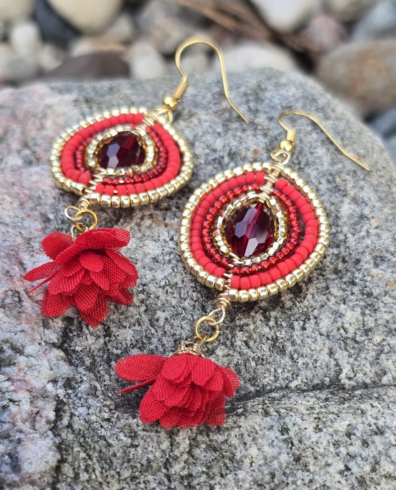 Red and Gold Wire Wrapped Herringbone Tassel Statement Earrings for Her ...