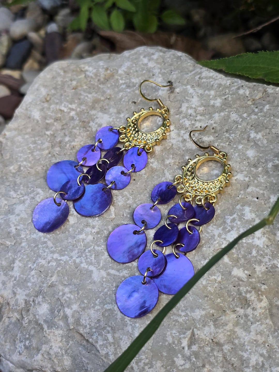 Natural Purple Mussel Shell Chandelier Earrings for Her Handmade Gift ...