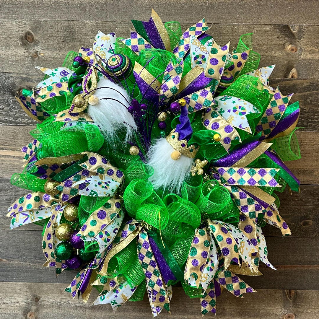 Mardi Gras Gnome Wreath, Beads, Party, King Cake, Parade, Front Door ...