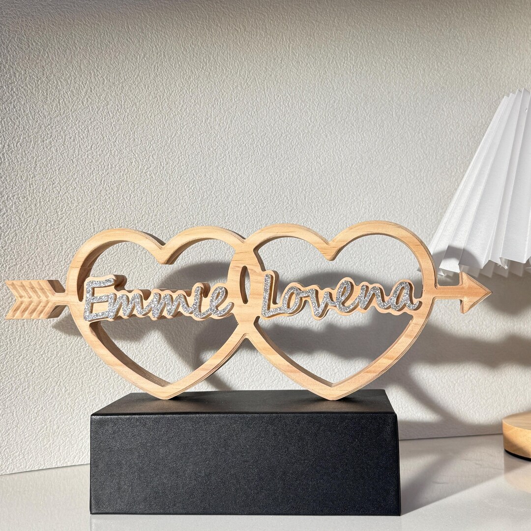 Custom Couple Name Wood Sign, Anniversary Gift, Double Heart Decor - Etsy