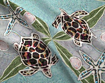 Green Turtles Fabric Hawaiian Turtles And Flowers In The | Etsy