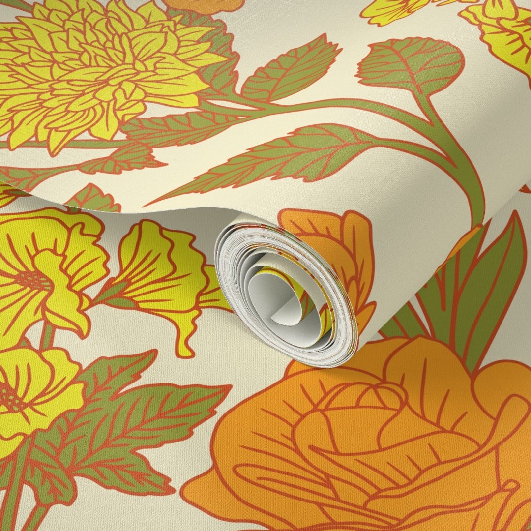 Retro Floral Peel-and-stick Wallpaper Sampler - Sunshine Yellow Warm ...