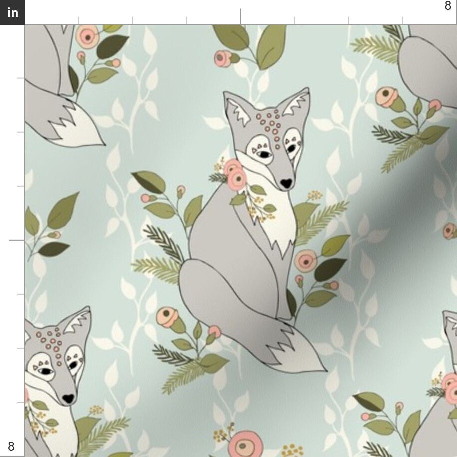 Boho Fox Fabric Flower Fox Vine Pale Aqua by | Etsy