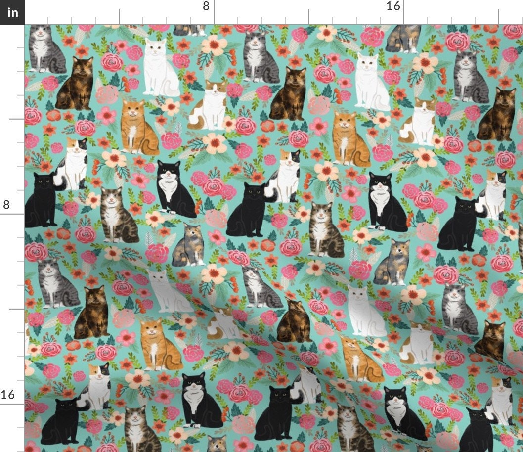 Cat Fabric Cat Florals Mixed Breeds Pet Fabrics Mint by - Etsy