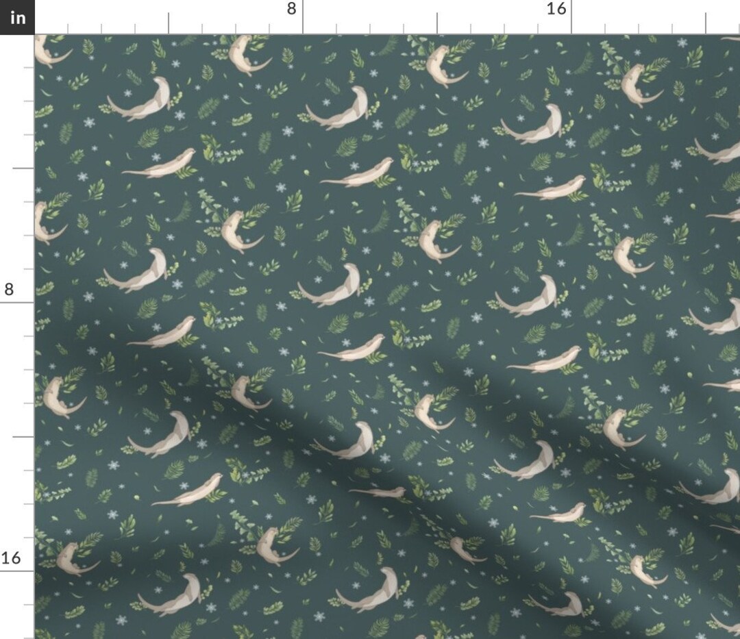 Otter Fabric Otter Pattern Dark Green Background by Elfi Yang Animals ...