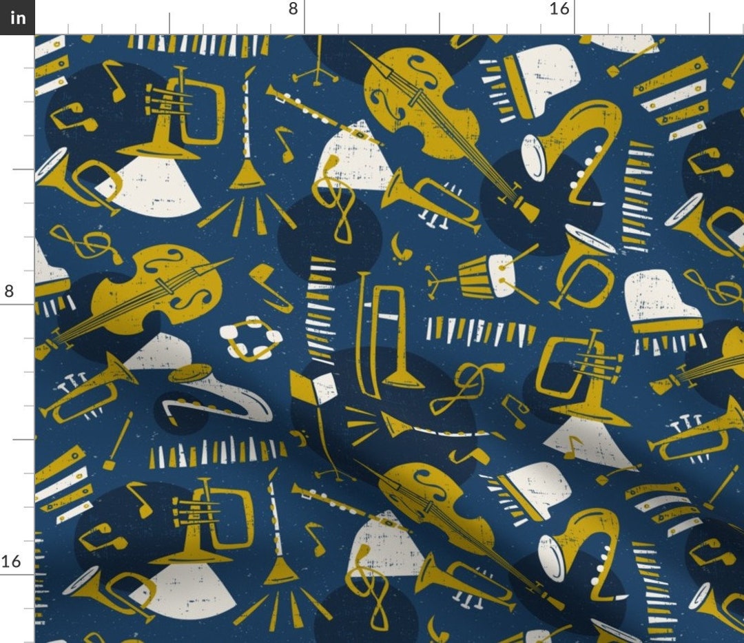 Music Fabric Jazz Band Blue Gold by Heatherdutton Music - Etsy