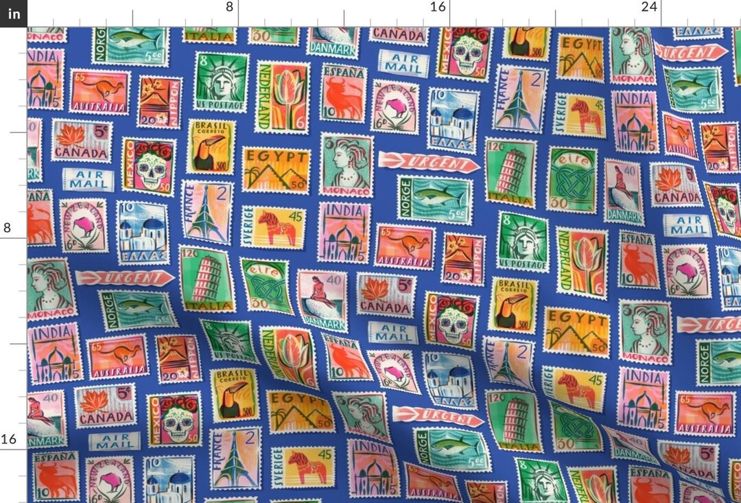 Mail Fabric - Postage Stamps of the World by Asta Barrington - Blue ...