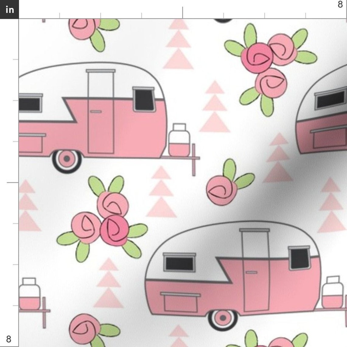 Pink Camper Fabric Large Pink Trailers With Rosebuds on - Etsy