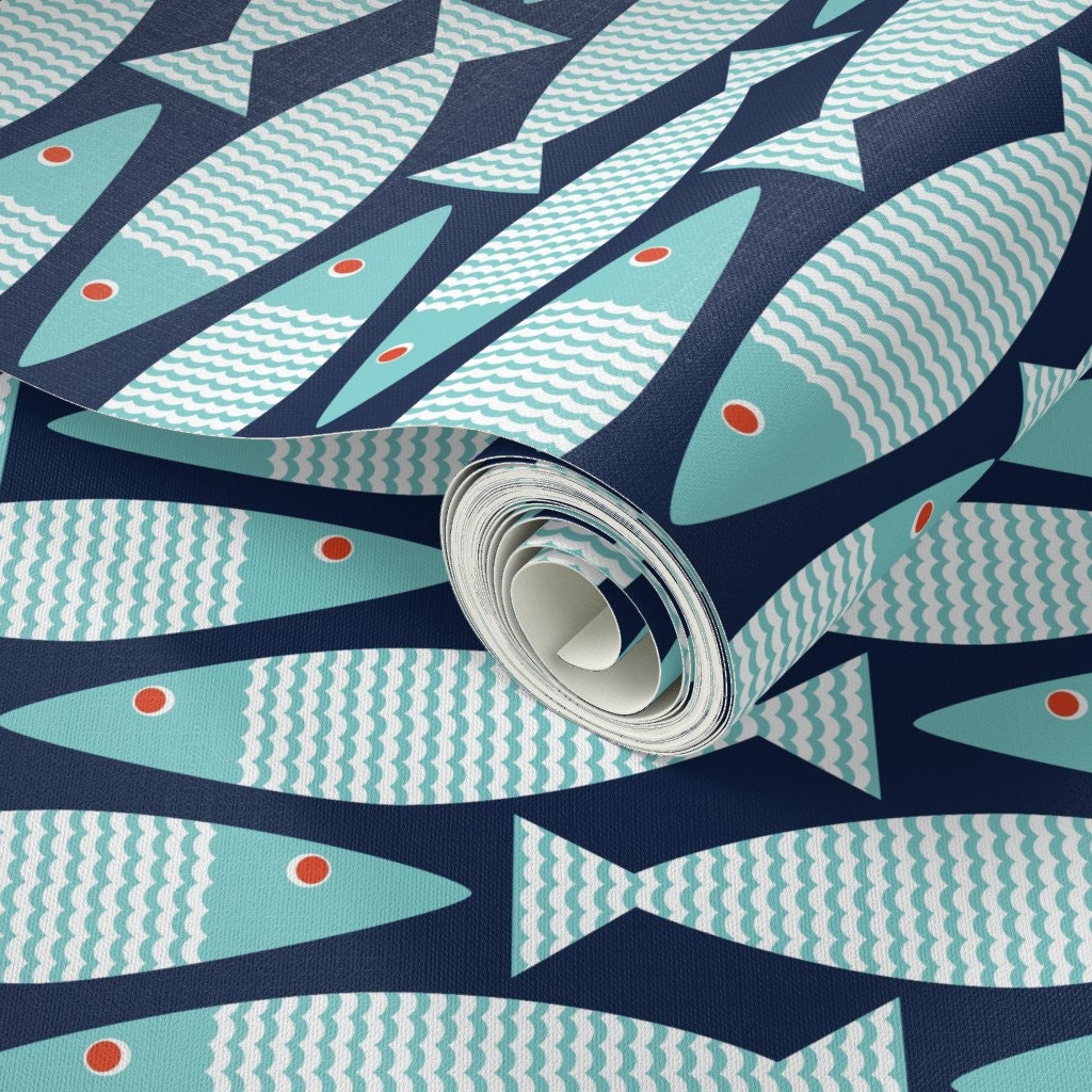Modern Fish Wallpaper Wavy Bass Indigo Turquoise by - Etsy