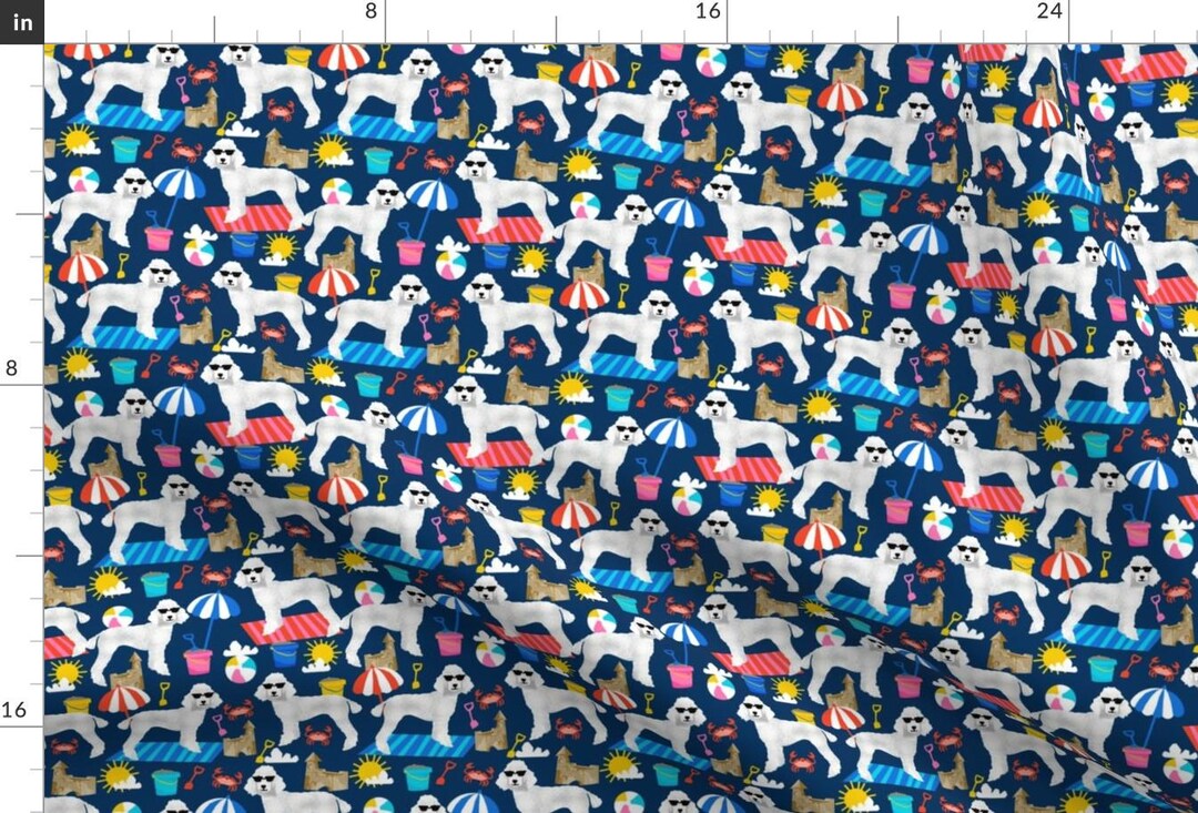 Poodle Fabric - White Poodle Sandcastles Summer Beach Fabric - Navy by ...