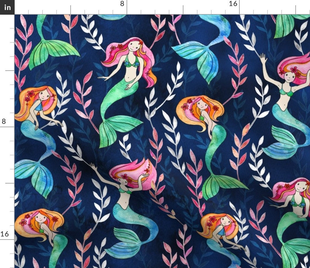 Mermaid Fabric Merry Mermaids in Watercolor by Micklyn Colorful ...