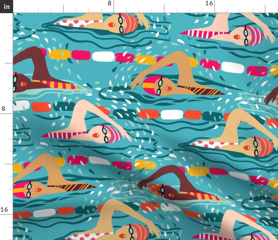 Swimmers Blue Pool Lanes Fabric Freestyle Swimming Ladies // | Etsy