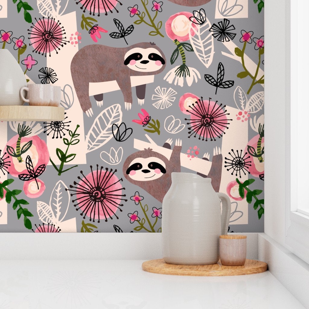 Sloths Wallpaper Lovable Sloths Large by Sarah Treu Pink - Etsy