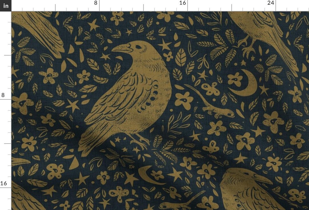 Dark Raven Fabric - Mystic Crow by Ebozzastudio - Gothic Floral Crow ...