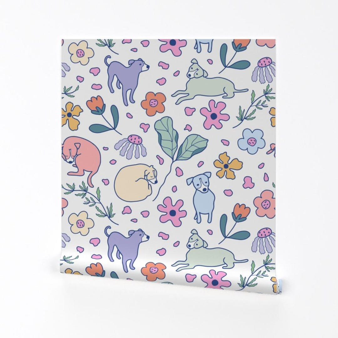 Retro Pastel Dogs Removable Peel and Stick Wallpaper - Cute Floral ...