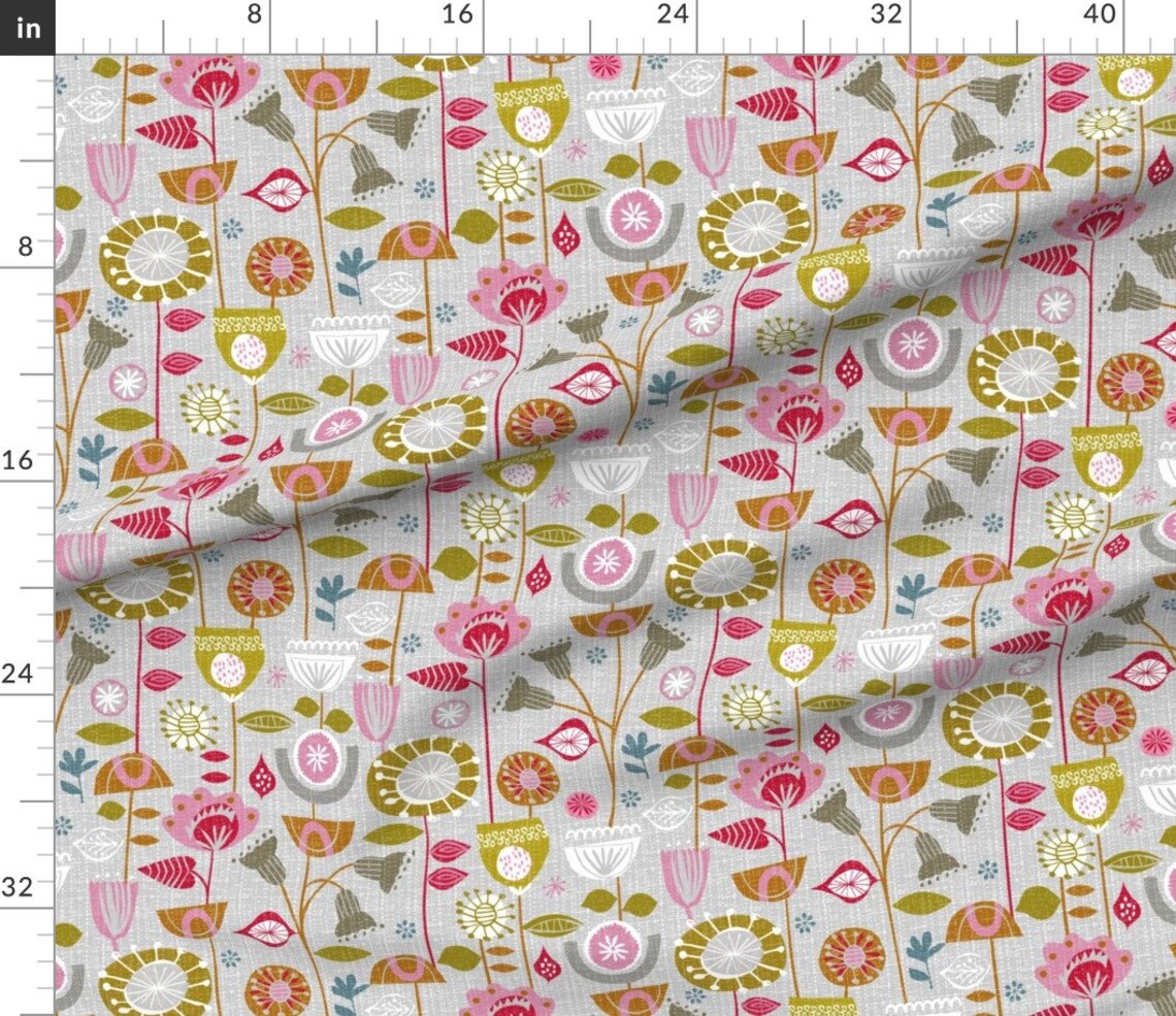 Floral Fabric Fanciful Fifties Flowers by Ottomanbrim Mid - Etsy
