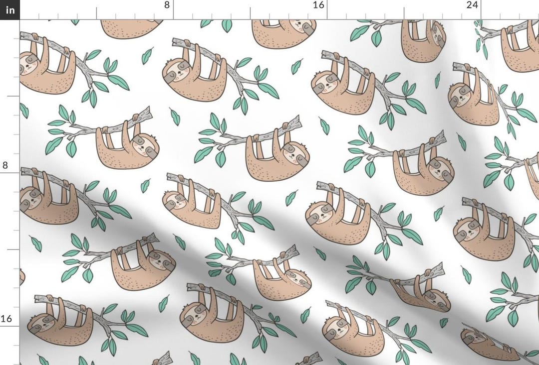 Sleepy Sloths Fabric Sloths on Tree Branch With Leaves on White by Caja ...