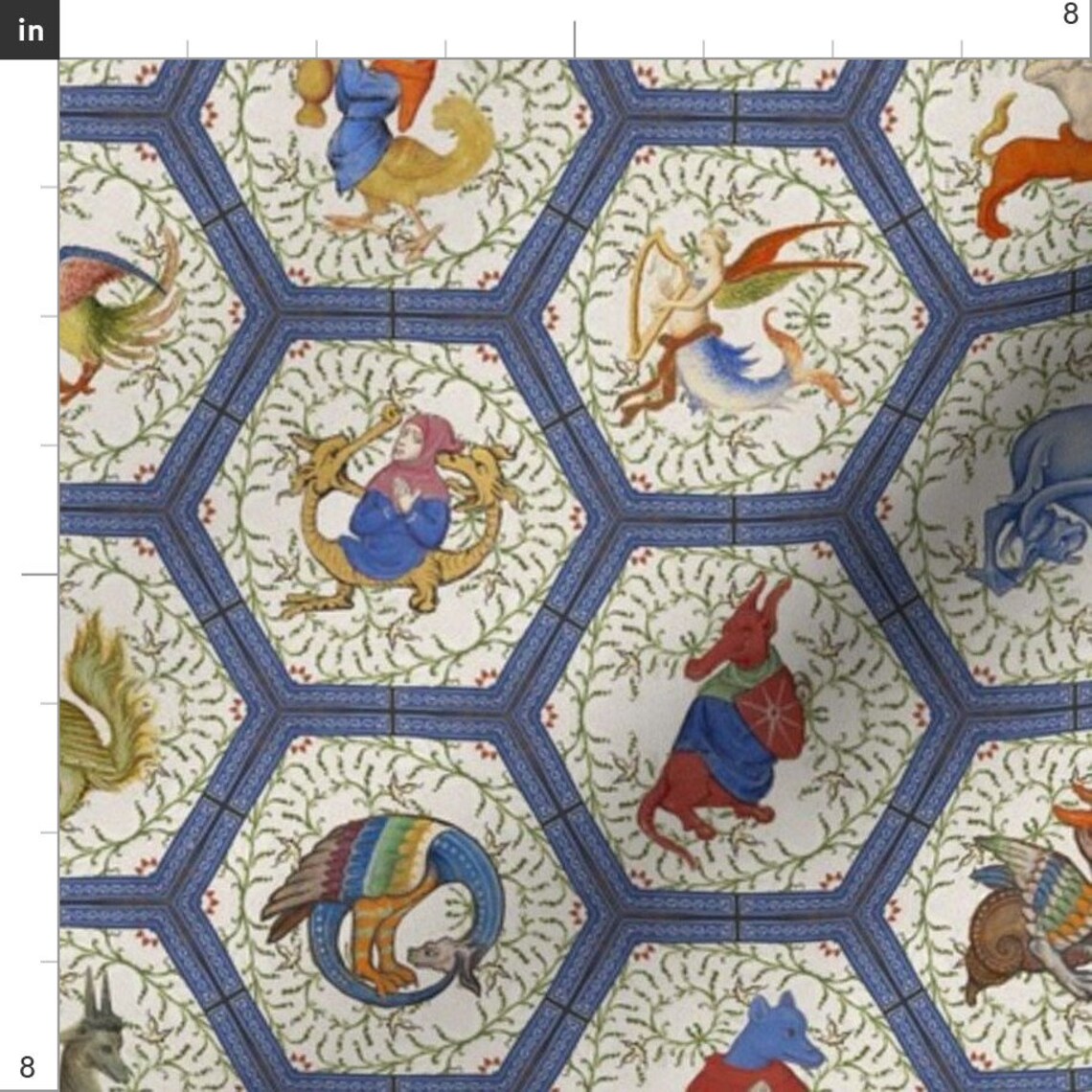 Dragon Honeycomb Fabric Medieval Creatures Blue Frame by - Etsy