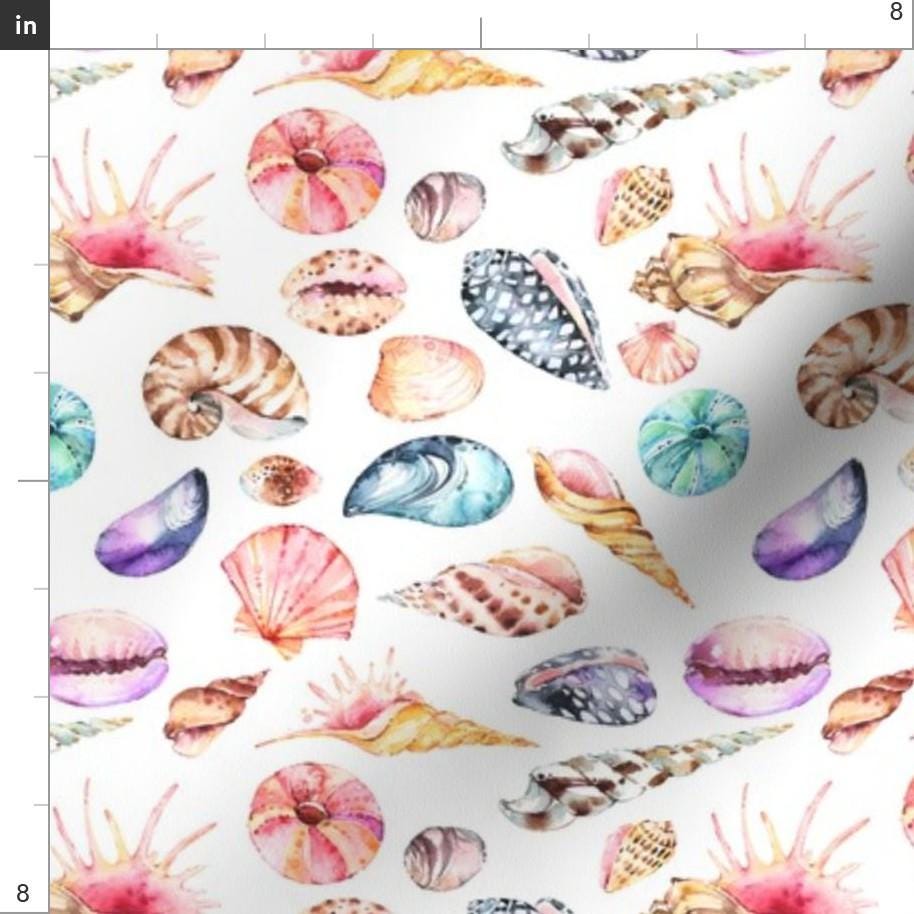 Summer Seashells Fabric - Watercolor Seashells 6" by ...