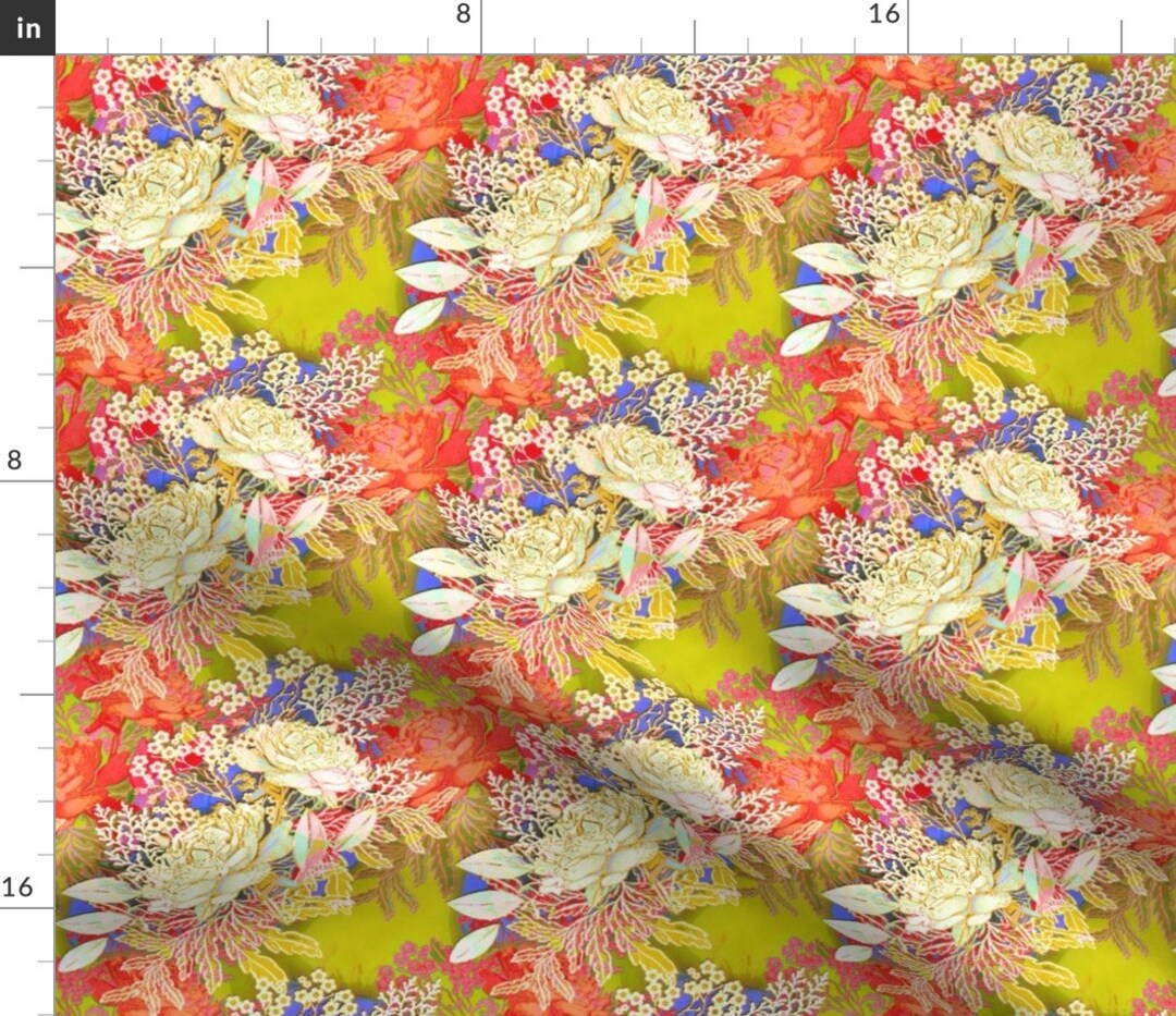 Boho Floral Fabric Floral Bohemian Roses in Chartreuse by - Etsy