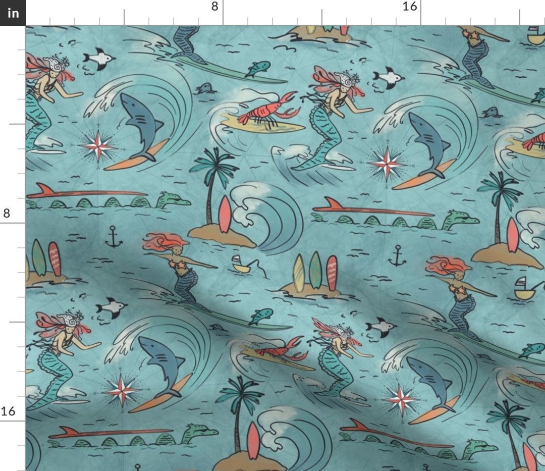 Nautical Map Fabric Surfer Mermaid Map by Francisca_reyes Shark Surfing ...