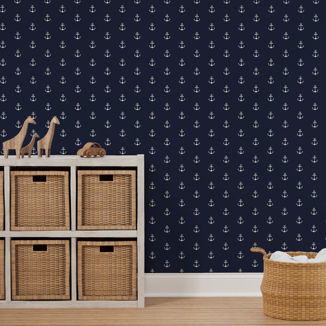 Modern Nautical Nursery Wallpaper Anchor Navy Blue by Kimsa - Etsy