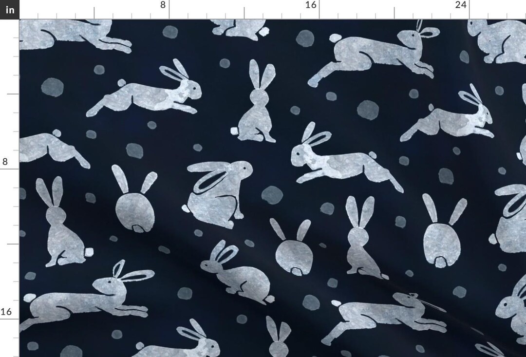 Indigo Rabbits Fabric - Snow Hare by Achiachodesign - Dark Blue Bunny ...