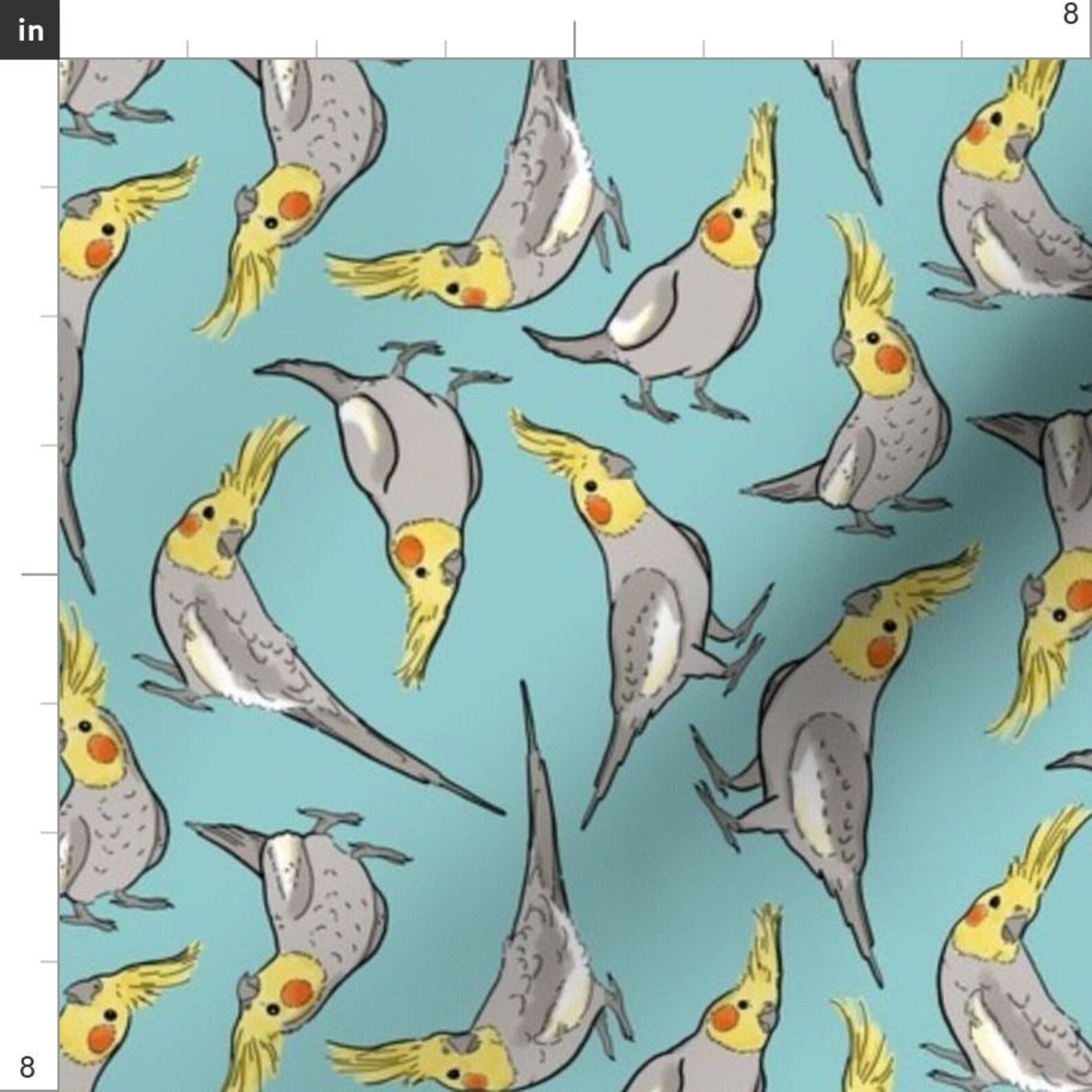 Gray and Yellow Cockatiel Fabric - Watercolor Cockatiel on Light Blue ...