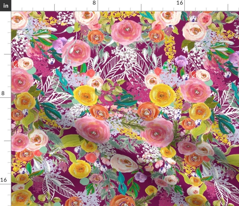 Floral Fabric Autumn Blooms Painted Floral Mulberry by - Etsy