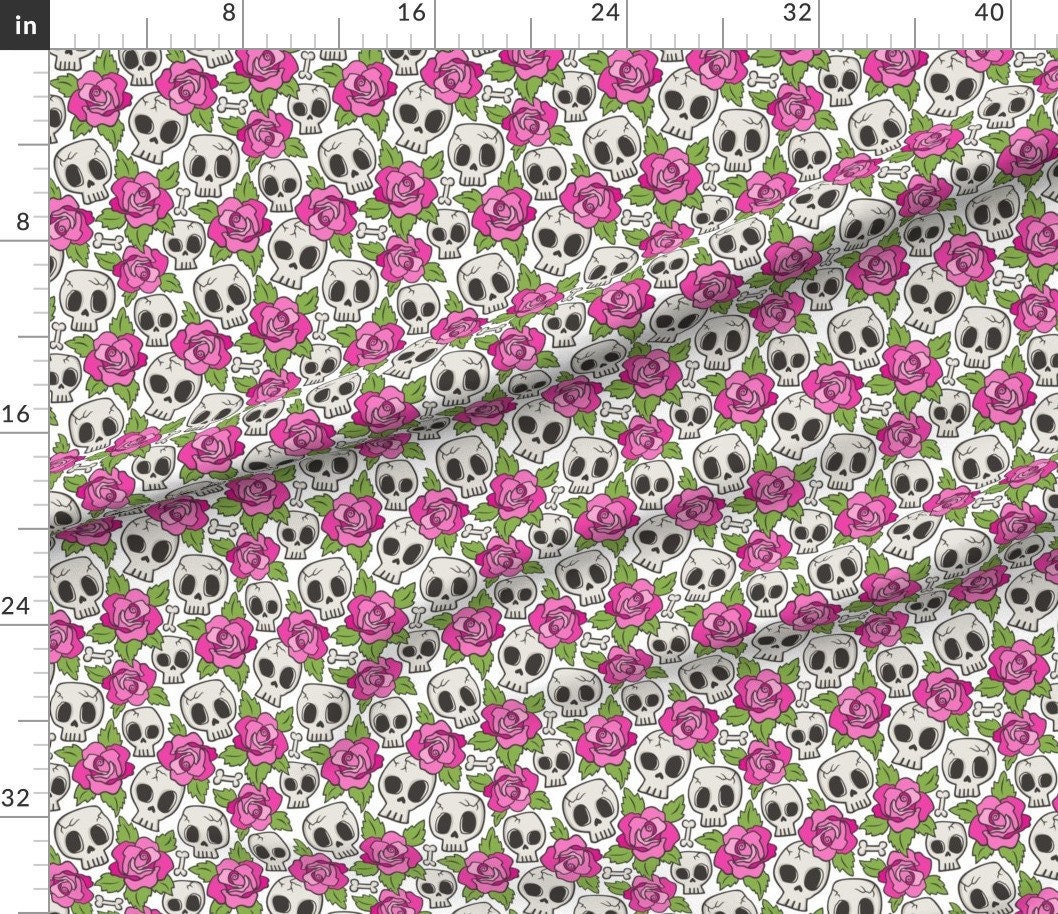 Skulls and Roses Fabric Skulls and Roses Pink on White by | Etsy