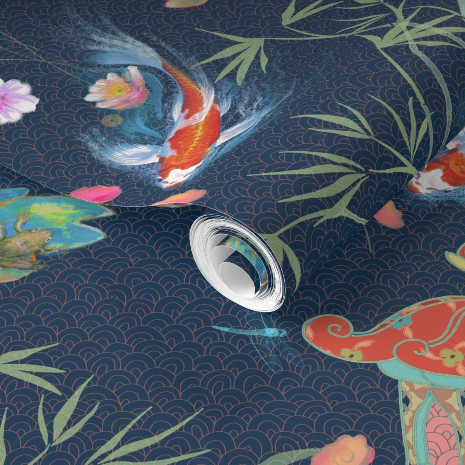 Japanese Wallpaper Japanese Water Garden Navy by Designed by - Etsy