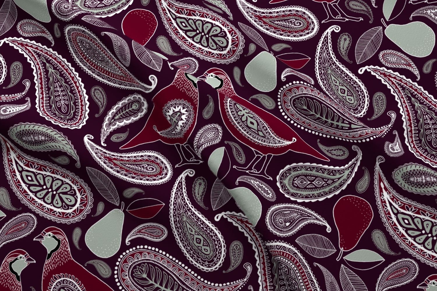 Paisley Partridge Fabric Partridge Pear Paisley Pattern | Etsy