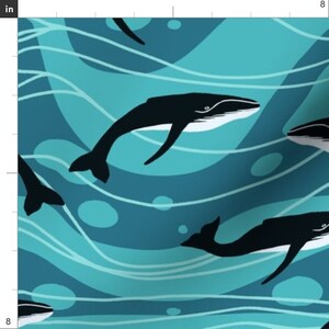 Whales Fabric Whalesong by Olooriel Retro Mid Century Blue Waves Orca Ocean Sea Life Animals ...