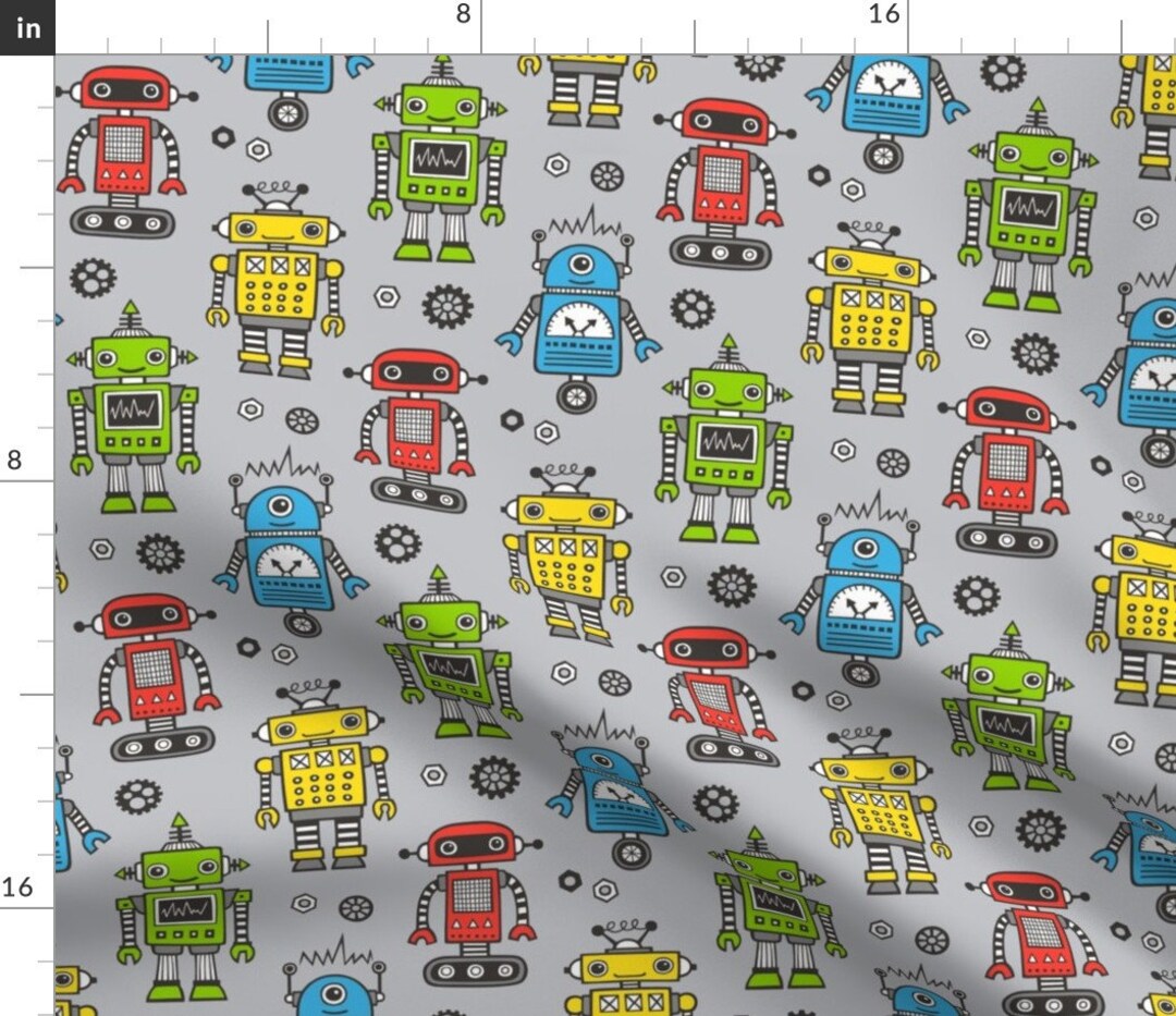 Robot Fabric Boys Cute Robots on Gray by Caja Design Robots Cotton ...
