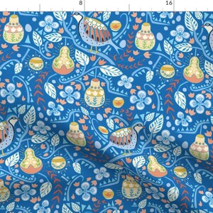 Blue Floral Design Fabric Folk Art Partridge in A Pear Tree - Etsy