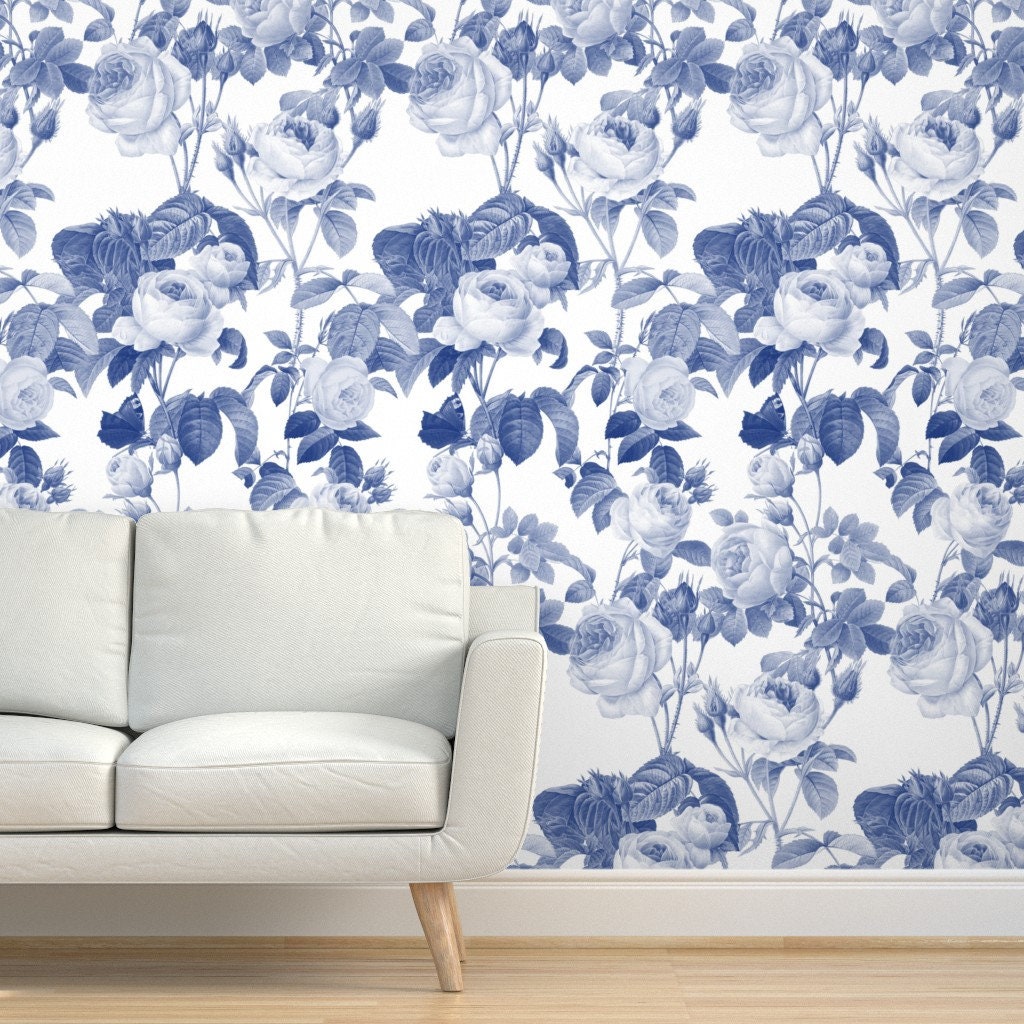 Blue Floral Wallpaper belles Fleurs by Peacoquettedesigns | Etsy