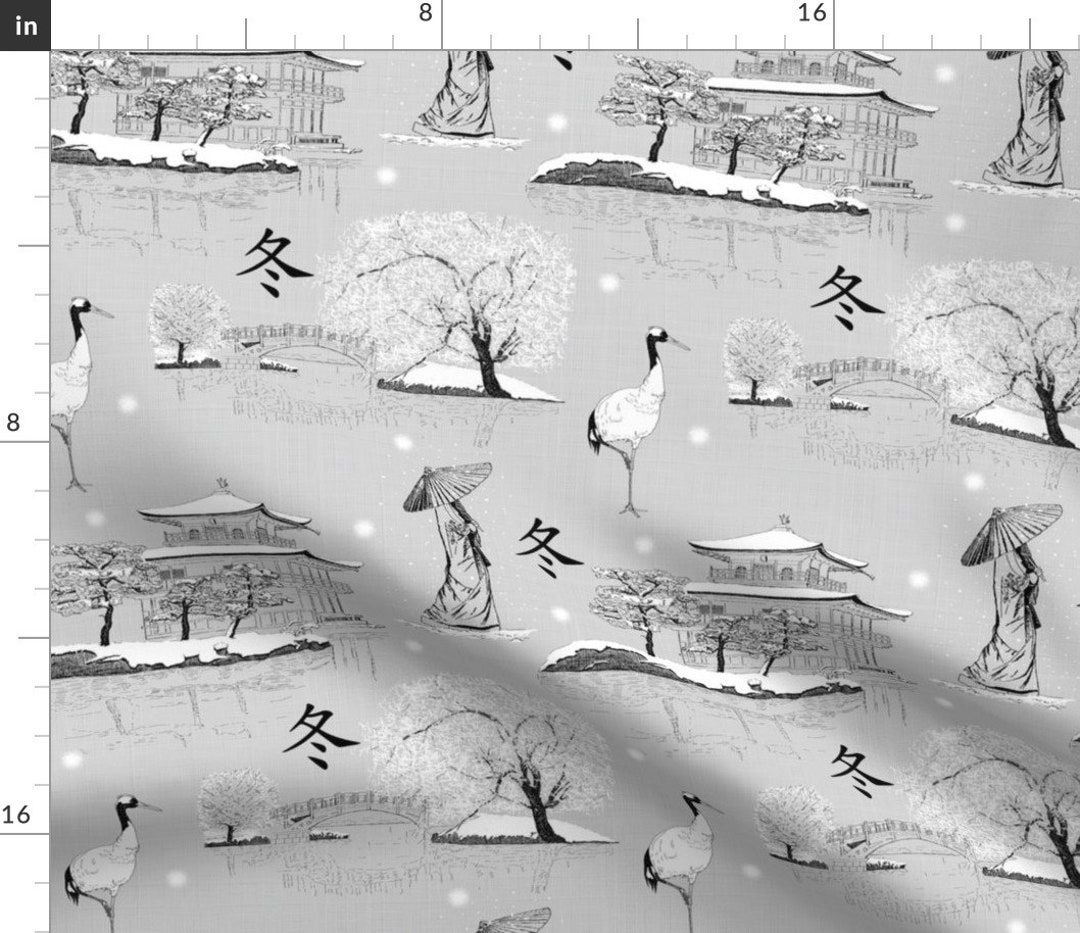 Japanese Winter Fabric Japanese Toile grey by Vannina Japan Crane ...