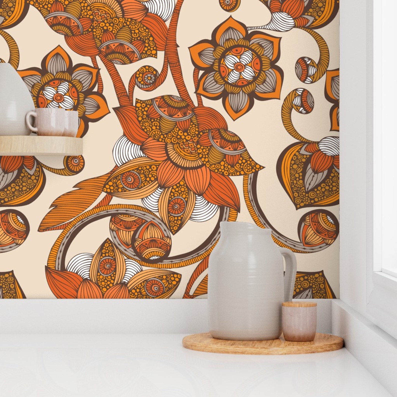 Orange Boho Floral Wallpaper Boho Orange by Valentinaharper - Etsy