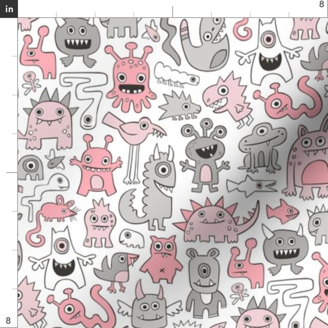 Monster Fabric - Doodle Creatures Monsters in Pink Grey by Caja Design ...